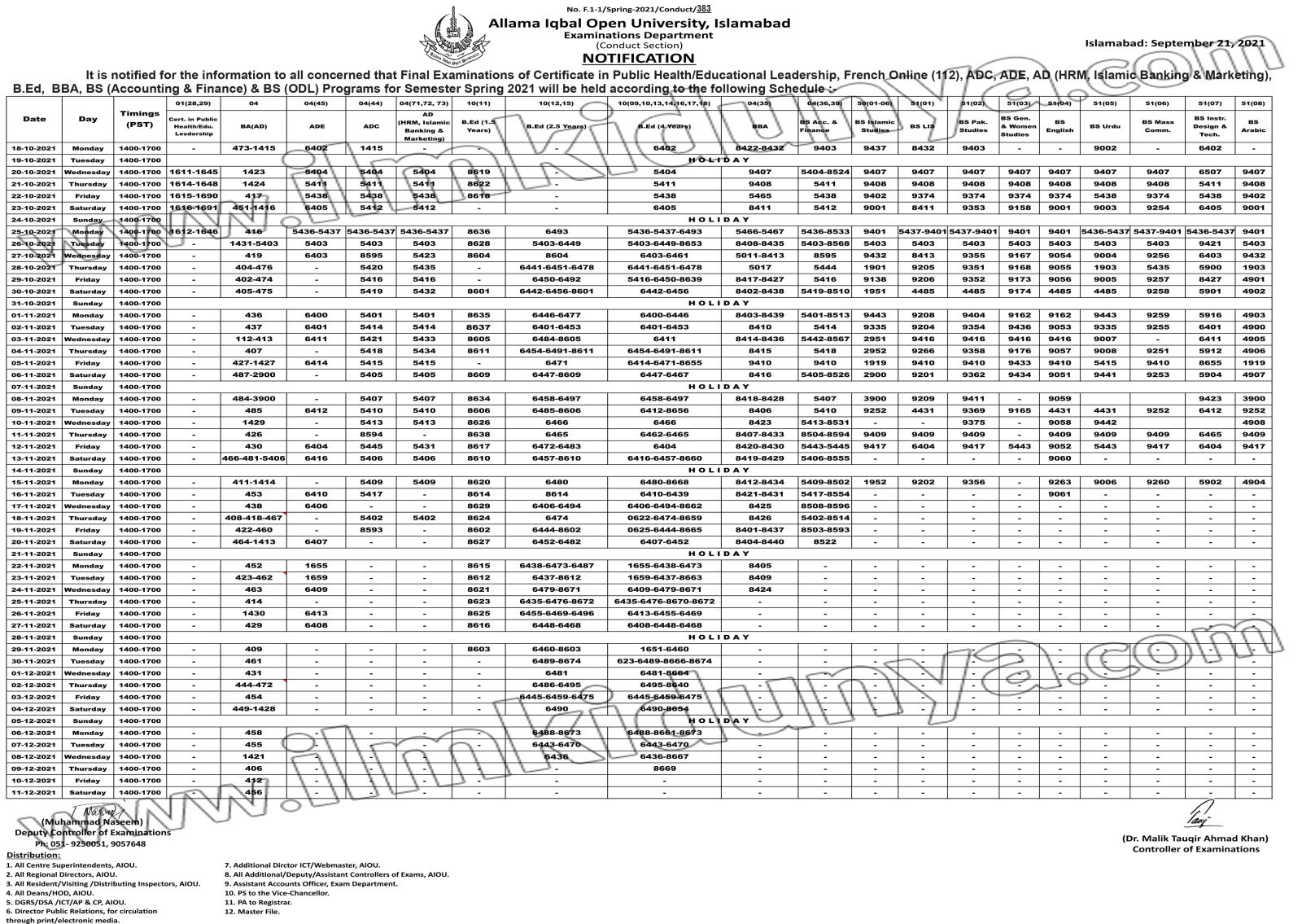 Allama Iqbal Open University AIOU BBA Date sheet 2022 View Online