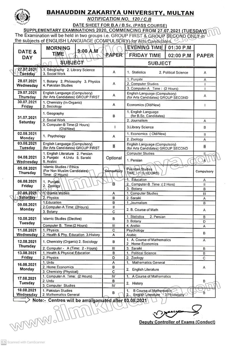 Bahauddin Zakariya University BA BSc Date Sheet View Online