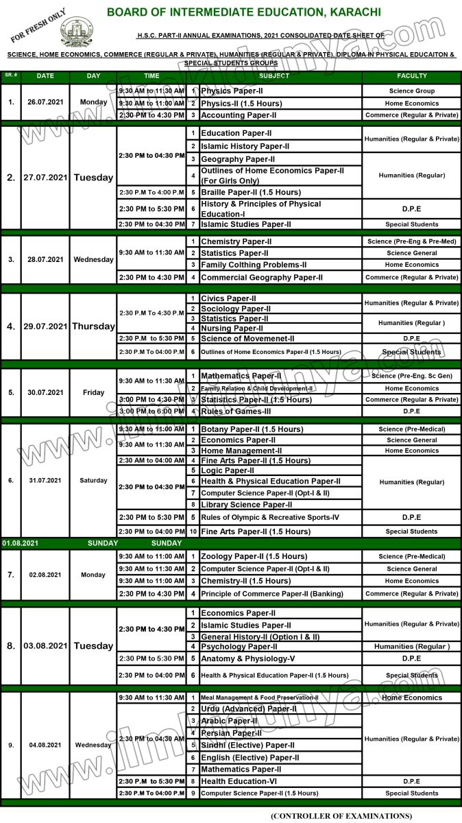 Karachi Board Inter Date Sheet View Online