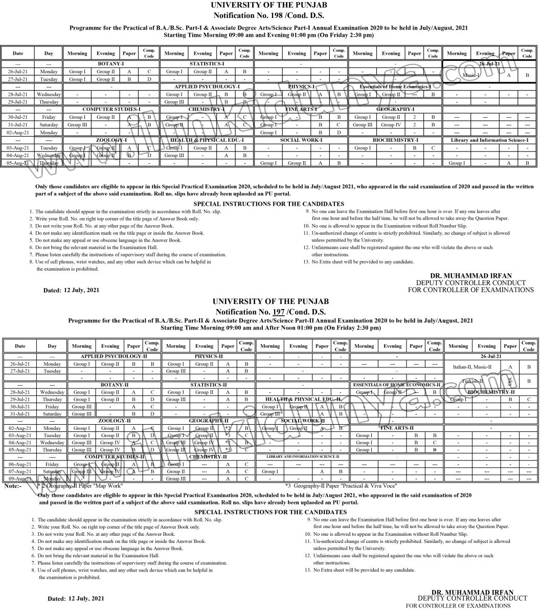 Punjab University BA BSc Date Sheet View Online