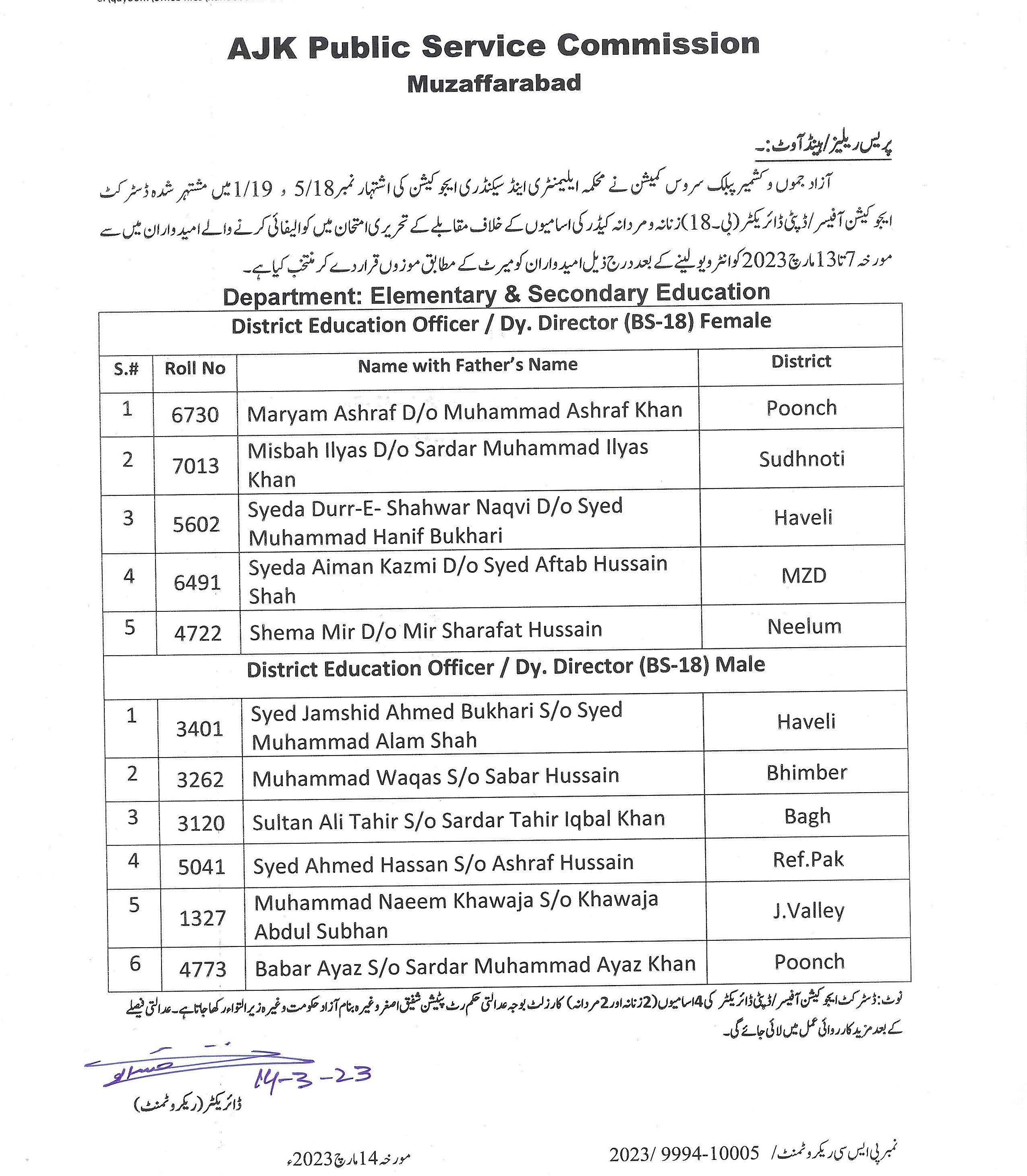 AJKPSC Test Results 2023 , AJKPSC Interview Results 2023