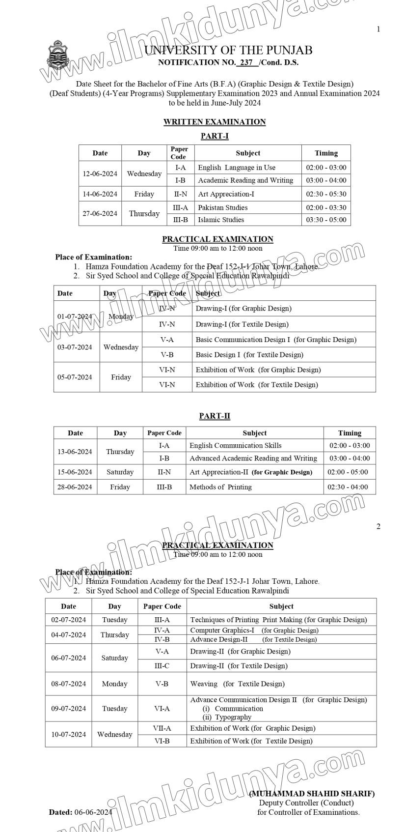 Punjab University PU BFA Date Sheet 2024 - PU Lahore BFU Date Sheet 2024