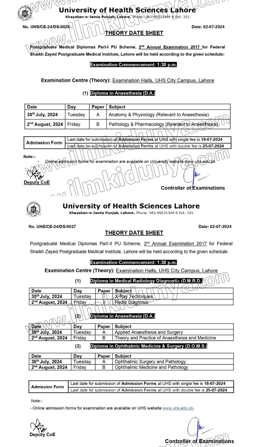 University of Health Sciences UHS Post Graduate Date Sheets 2024