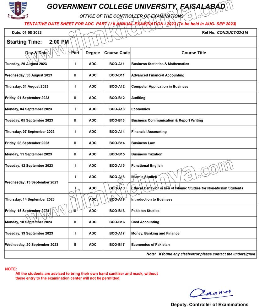 Government College University Faisalabad ADC/B.Com Date Sheet 2023 View Online