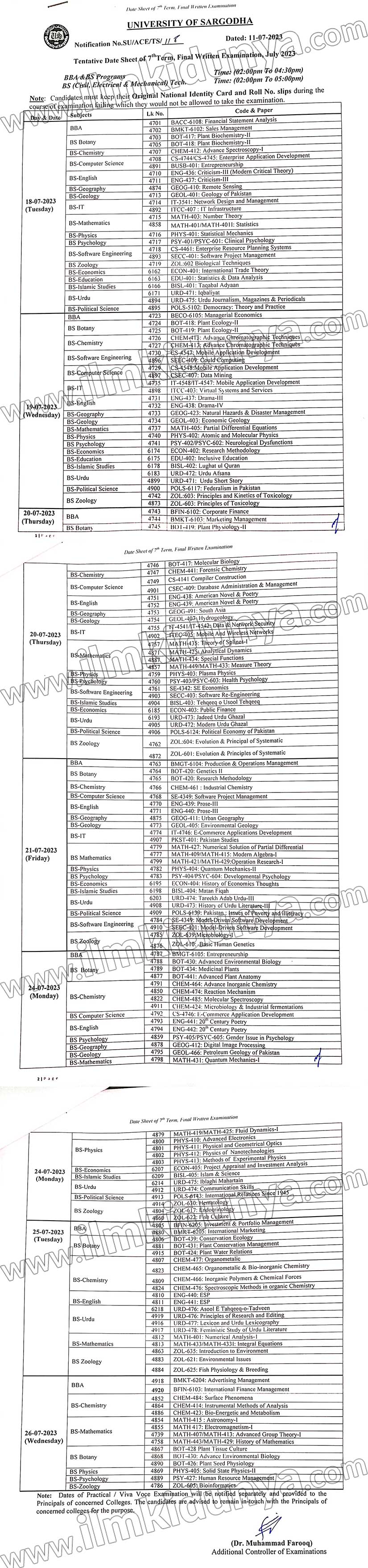 University of Sargodha BS Date Sheets 2024
