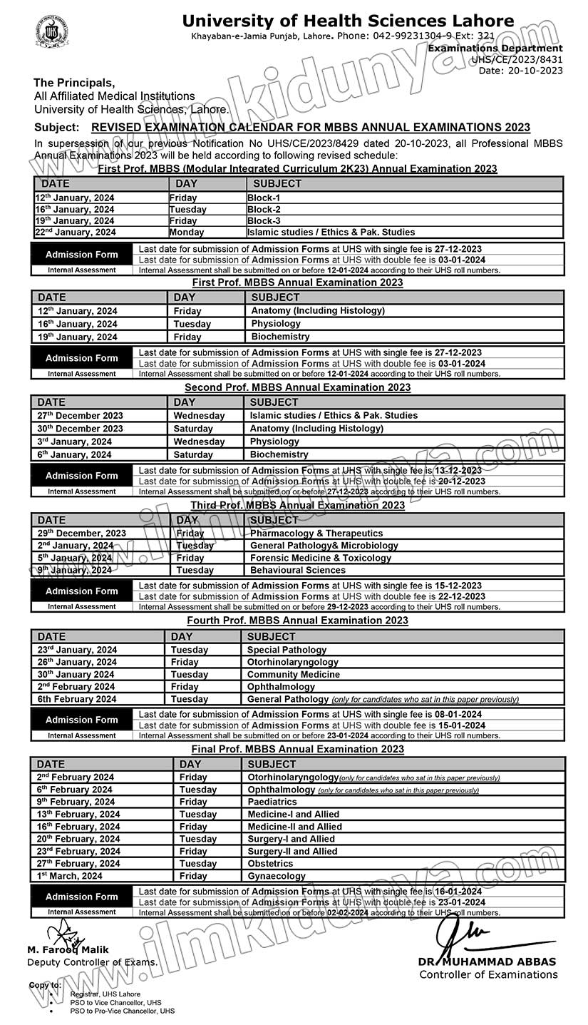University of Health Sciences Lahore Date Sheets 2024 of MBBS, BDS