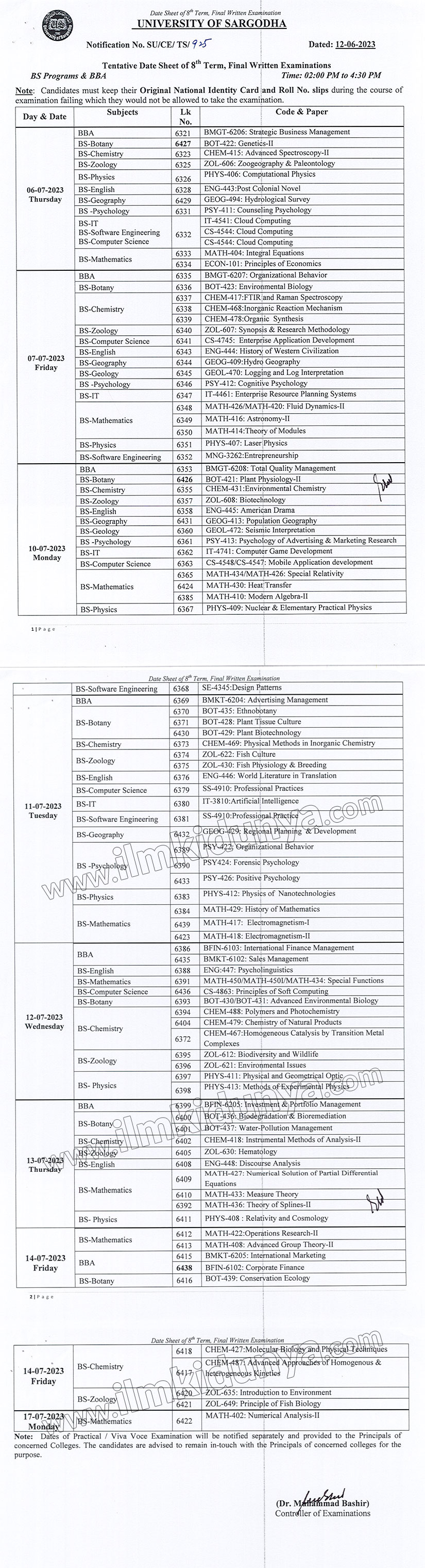University of Sargodha BS Date Sheets 2023 View Online